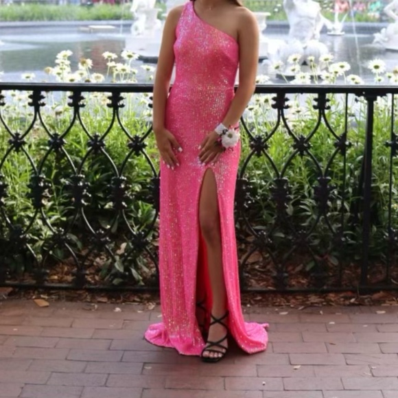 Stacy Sklar | Dresses | Hot Pink Sequin One Shoulder Prom Dress | Poshmark